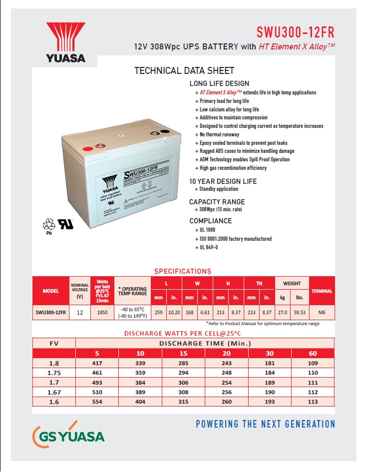 YUASA SWU300-12FR 12 V 308 Wpc Top Terminal UPS Battery 10 Year Life